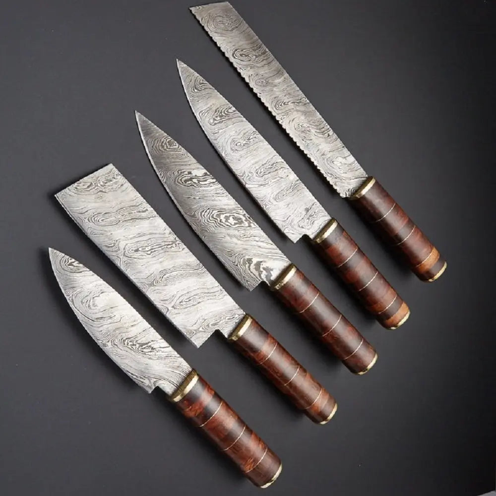 Handmade Custom Damascus Steel Chef Knife Set with Pure Leather Sheath ...